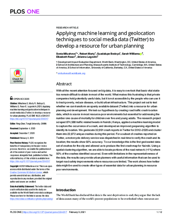 (PDF) Applying machine learning and geolocation techniques to social media data (Twitter) to ...