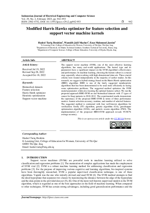 (PDF) Modified Harris Hawks optimizer for feature selection and support vector machine kernels