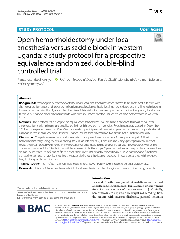 (PDF) Open hemorrhoidectomy under local anesthesia versus saddle block ...