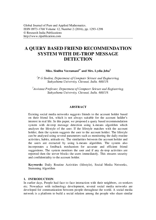 (PDF) A QUERY BASED FRIEND RECOMMENDATION SYSTEM WITH DE-TROP MESSAGE DETECTION Miss