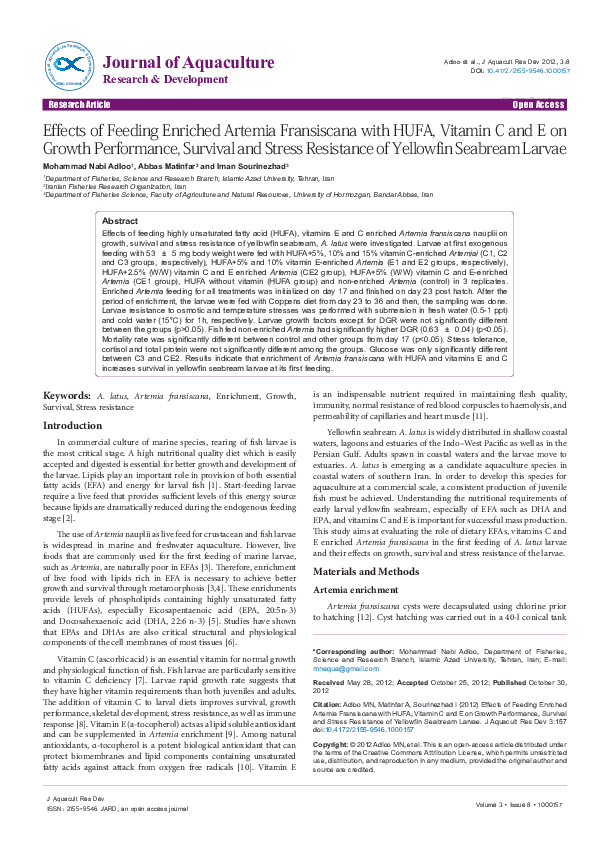 (PDF) Effects of Feeding Enriched Artemia Fransiscana with HUFA, Vitamin C and E on Growth ...