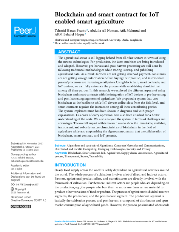 (PDF) Blockchain and smart contract for IoT enabled smart agriculture