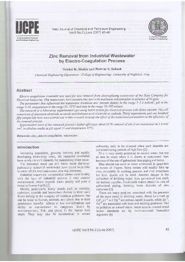(PDF) Zinc Removal from Industrial Wastewater by Electro-Coagulation ...