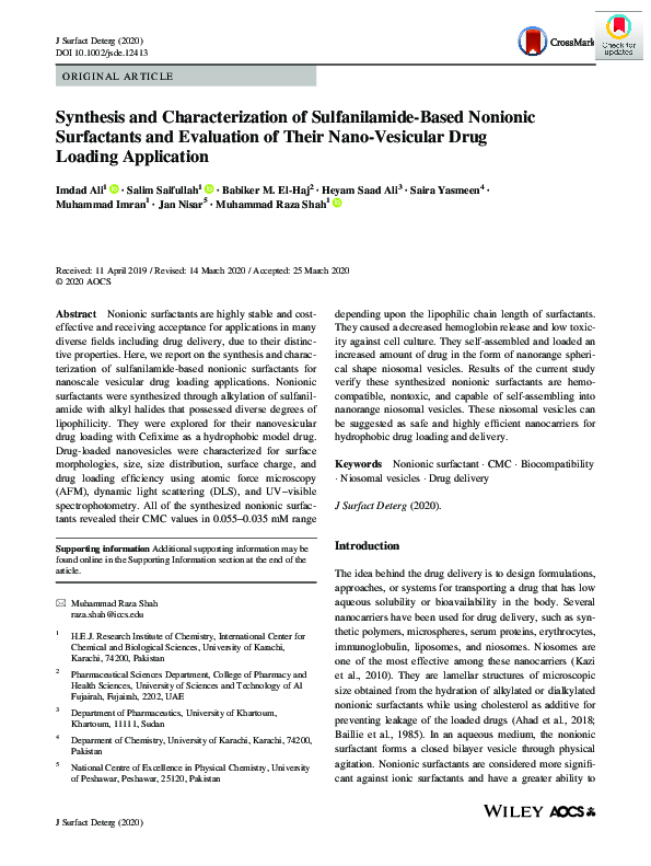 (PDF) Synthesis and Characterization of Sulfanilamide‐Based Nonionic Surfactants and Evaluation ...