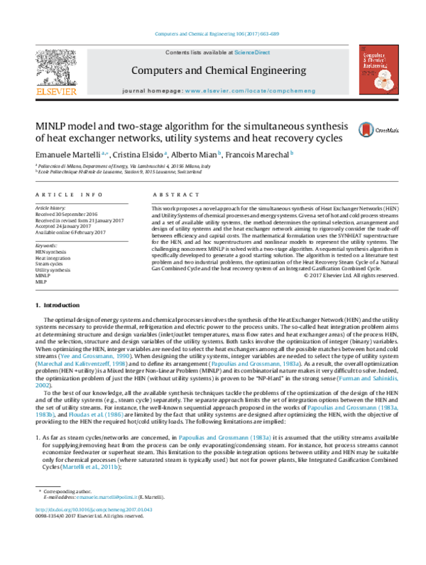 (PDF) MINLP model and two-stage algorithm for the simultaneous synthesis of heat exchanger ...