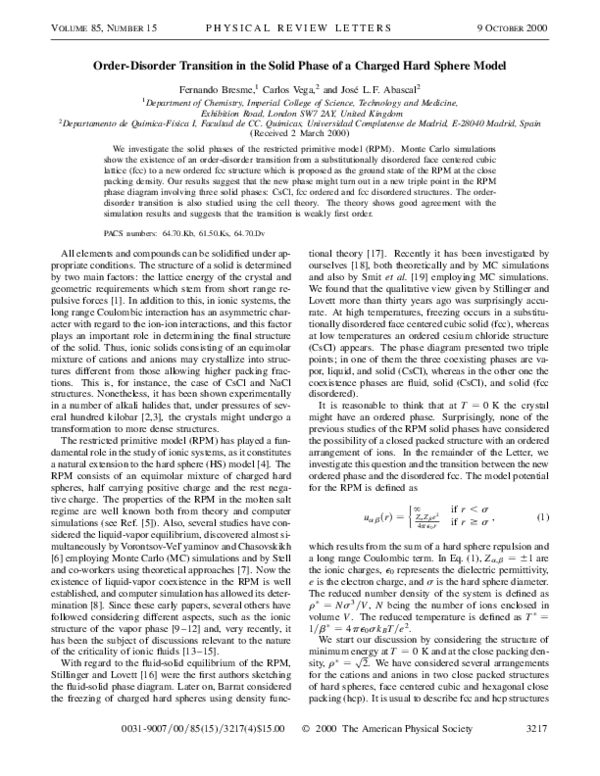 (PDF) Order-Disorder Transition in the Solid Phase of a Charged Hard Sphere Model