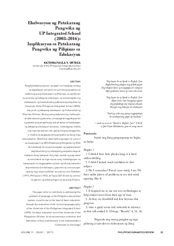 (PDF) Ebalwasyon ng Patakarang Pangwika ng UP Integrated School (2003 ...