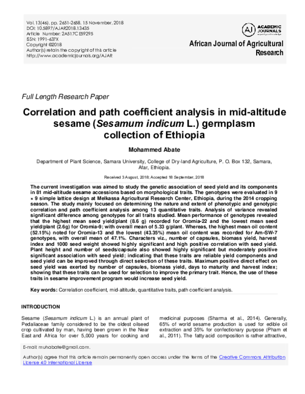 (PDF) Correlation and path coefficient analysis in mid-altitude sesame (Sesamum indicum L ...