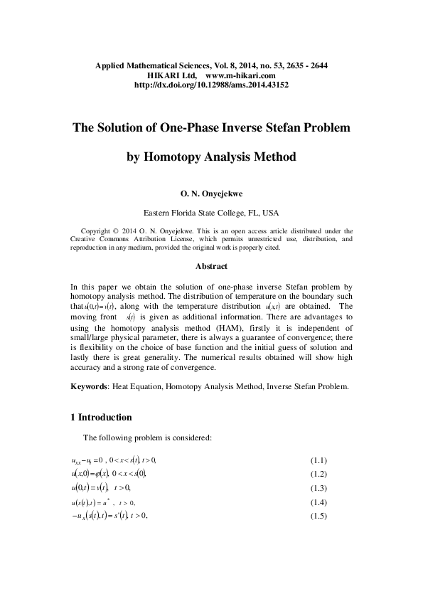 (PDF) The solution of one-phase inverse Stefan problem by homotopy analysis method