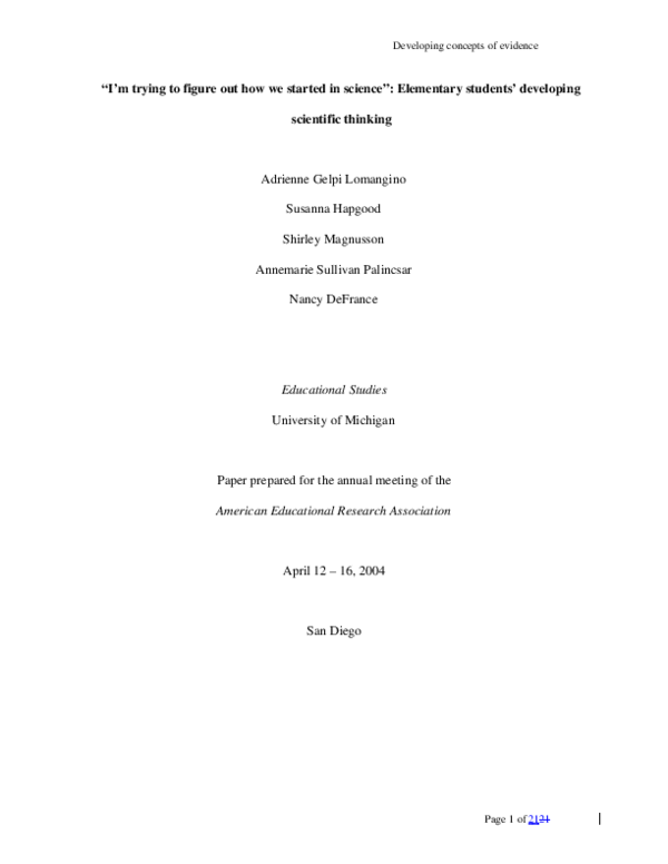 (PDF) Elementary students ’ developing scientific thinking