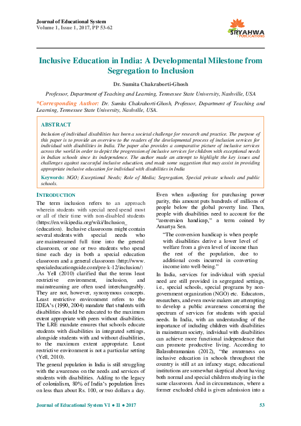 (PDF) Inclusive Education in India: A Developmental Milestone from ...