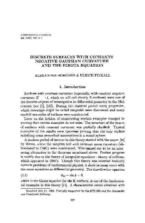 (PDF) Discrete surfaces with constant negative Gaussian curvature and the Hirota equation