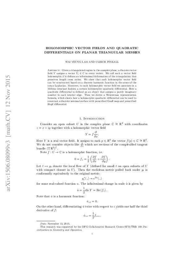 (PDF) Holomorphic vector fields and quadratic differentials on planar triangular meshes