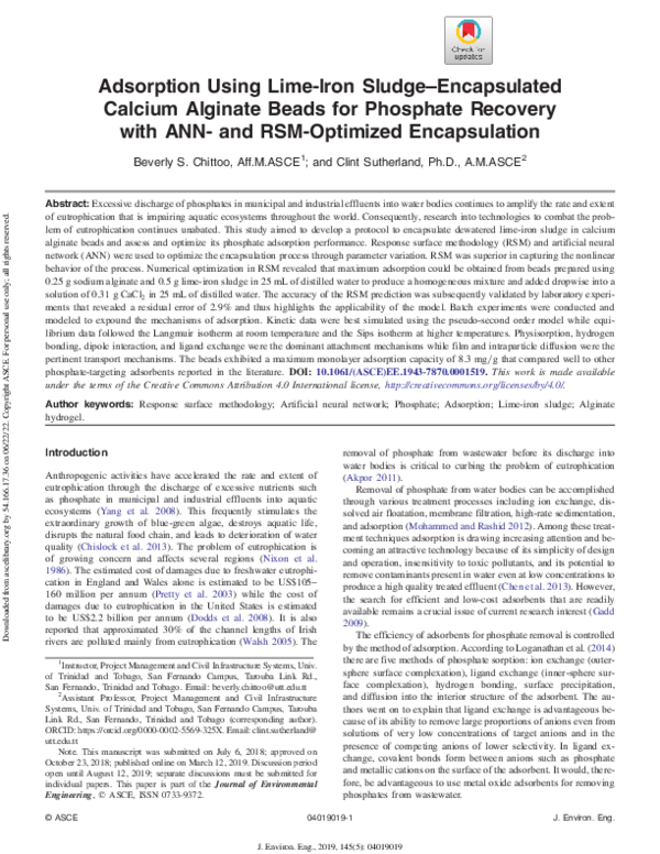 (PDF) Adsorption Using Lime-Iron Sludge–Encapsulated Calcium Alginate ...
