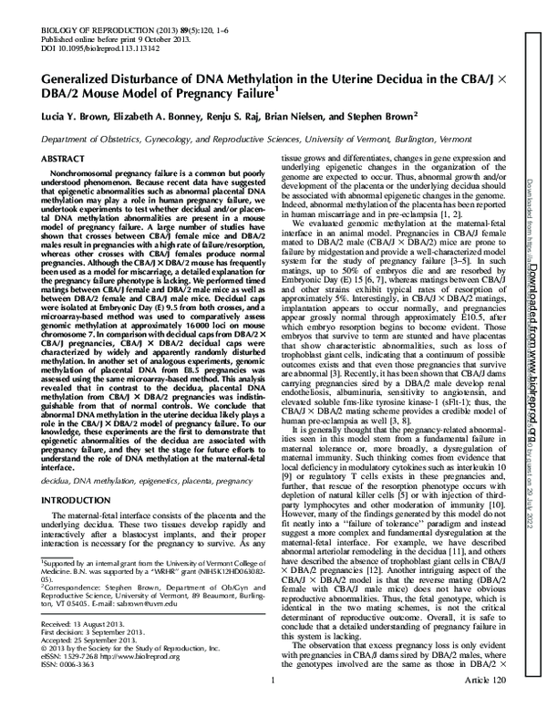 (PDF) Generalized Disturbance of DNA Methylation in the Uterine Decidua ...