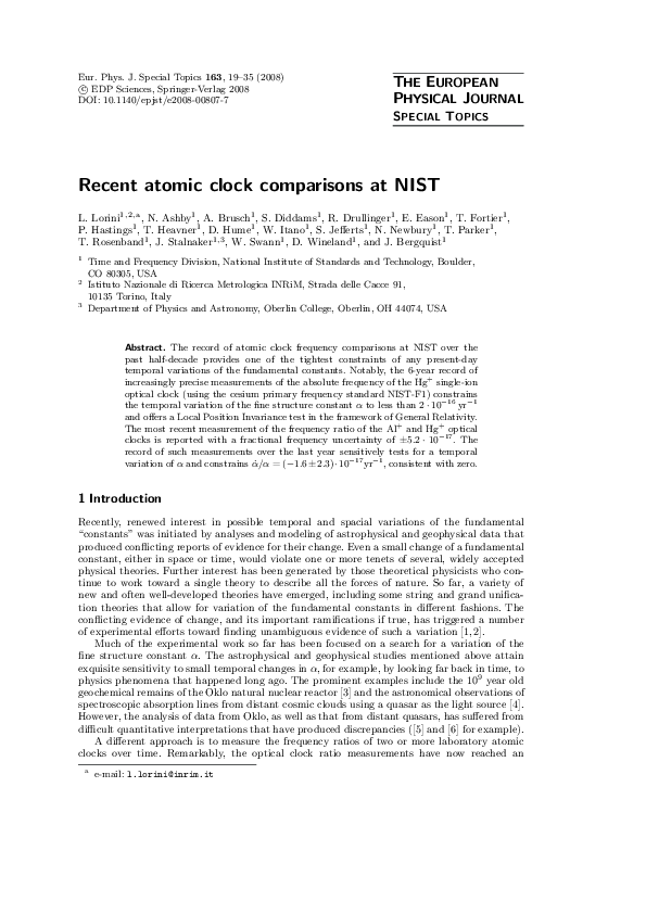 (PDF) Recent atomic clock comparisions at NIST | NIST