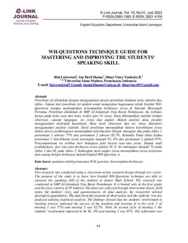 (PDF) WH-Questions Technique Guide for Mastering and Improving the Students’ Speaking Skill