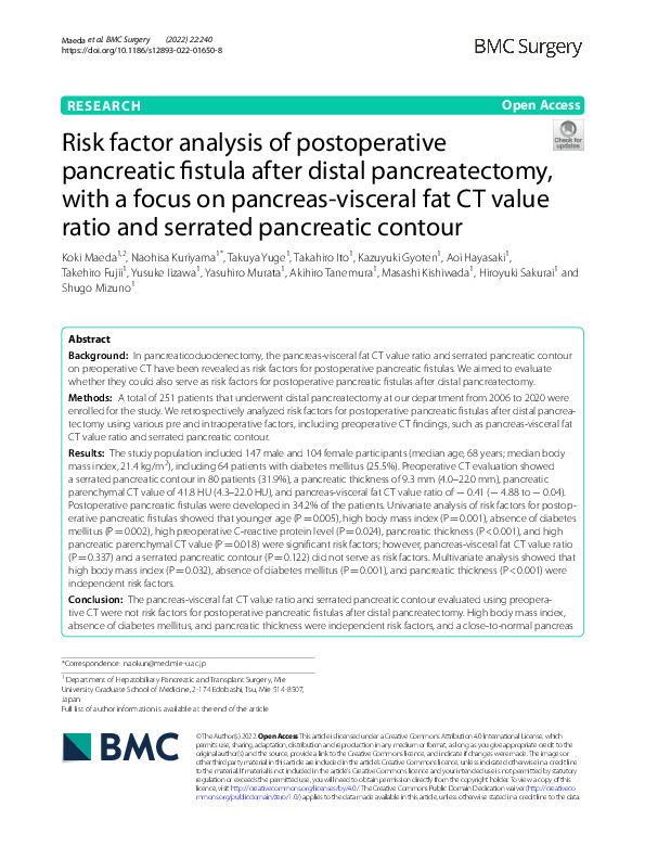 (PDF) Risk factor analysis of postoperative pancreatic fistula after distal pancreatectomy, with ...