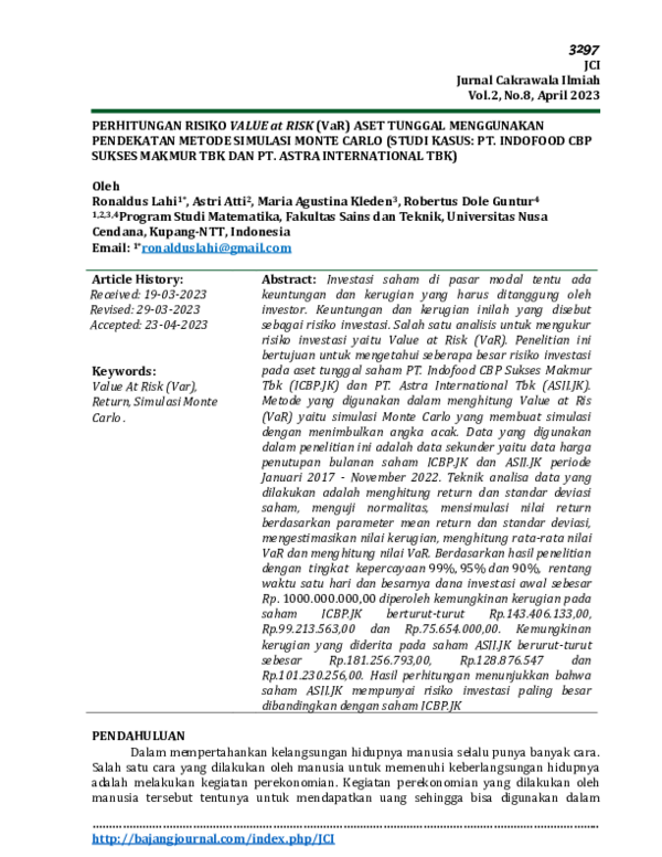 (PDF) PERHITUNGAN RISIKO VALUE at RISK (VaR) ASET TUNGGAL MENGGUNAKAN ...