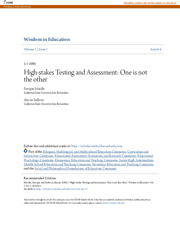 (PDF) High-Stakes Testing and Assessment: One is Not the Other