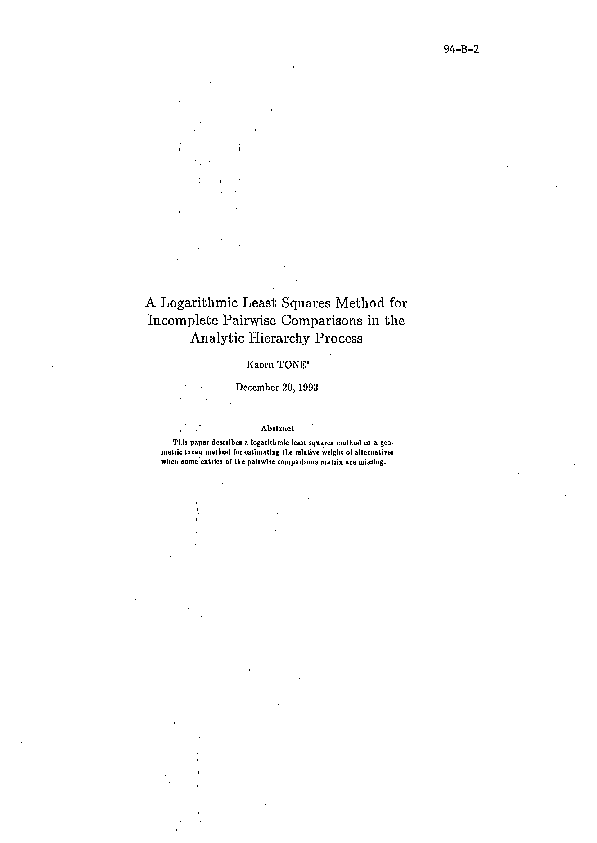 (PDF) A Logarithmic Least Squares Method for Incomplete Pairwise Comparisons in the Analytic ...