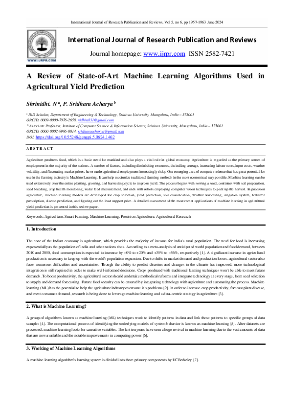 Pdf A Review Of State Of Art Machine Learning Algorithms Used In Agricultural Yield Prediction