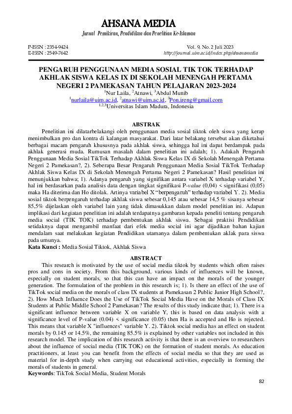 (PDF) Pengaruh Penggunaan Media Sosial Tik Tok Terhadap Akhlak Siswa Kelas IX DI Sekolah ...