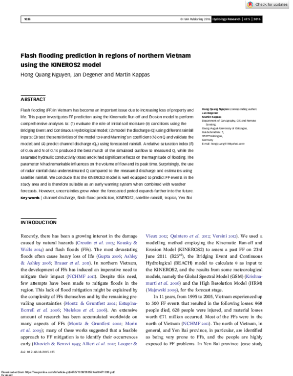 (PDF) Flash flooding prediction in regions of northern Vietnam using the KINEROS2 model