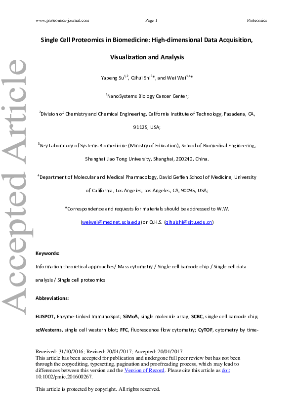 (PDF) Single cell proteomics in biomedicine: High‐dimensional data acquisition, visualization ...