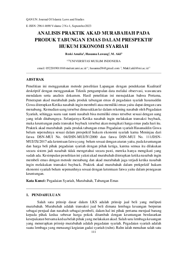 (PDF) Analisis Praktik Akad Murabahah Pada Produk Tabungan Emas Dalam Prespektif Hukum Ekonomi ...