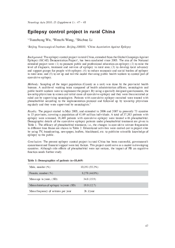 (PDF) Epilepsy control project in rural China