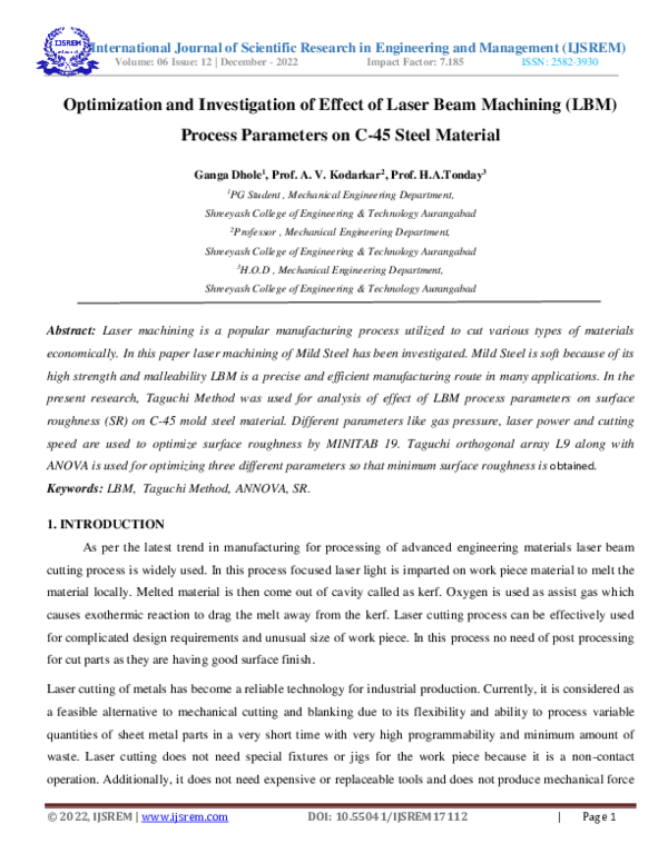 (PDF) Optimization and Investigation of Effect of Laser Beam Machining ...