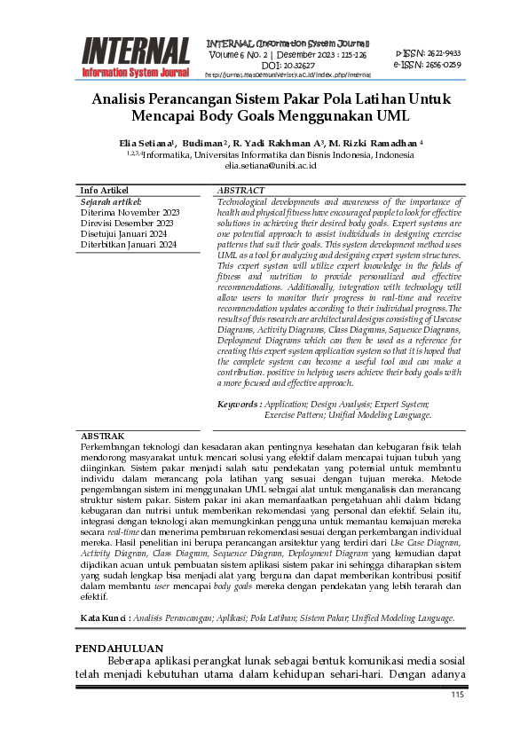 (PDF) Analisis Perancangan Sistem Pakar Pola Latihan Untuk Mencapai Body Goals Menggunakan UML