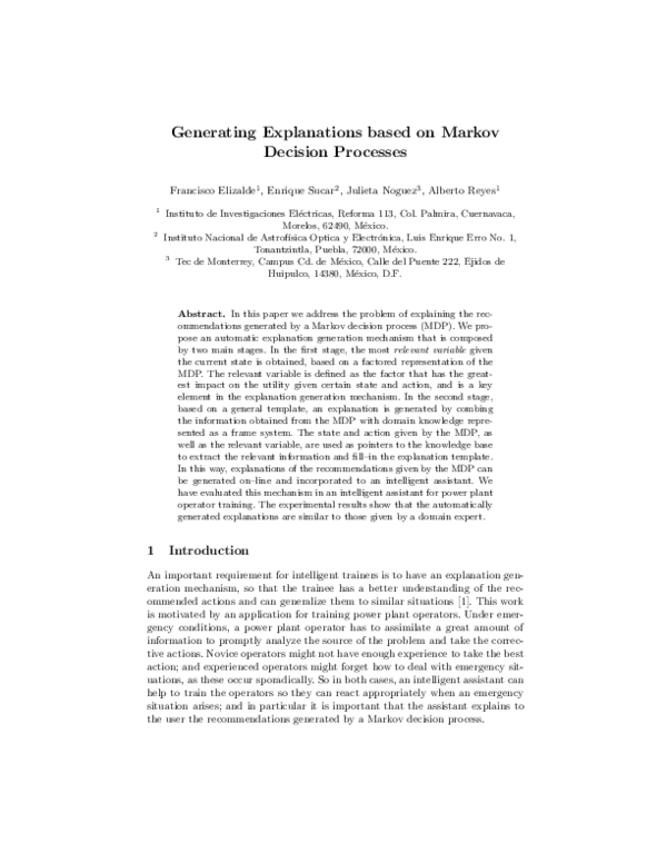 (PDF) Generating Explanations Based on Markov Decision Processes