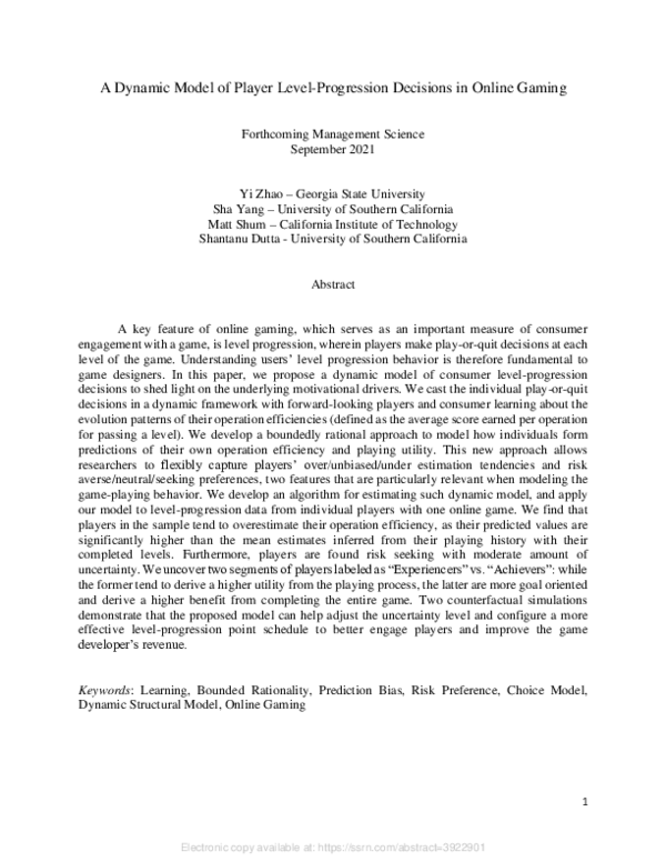(PDF) A Dynamic Model of Player Level-Progression Decisions in Online ...