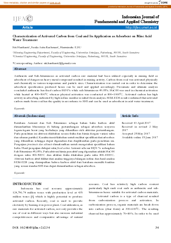 (PDF) Characterization of Activated Carbon from Coal and Its ...