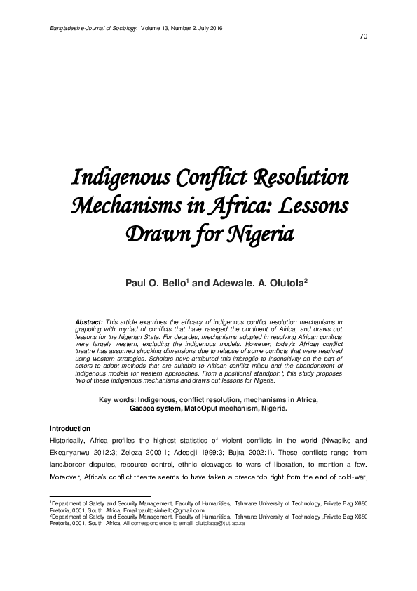 (PDF) Indigenous Conflict Resolution Mechanisms in Africa : Lessons Drawn for Nigeria