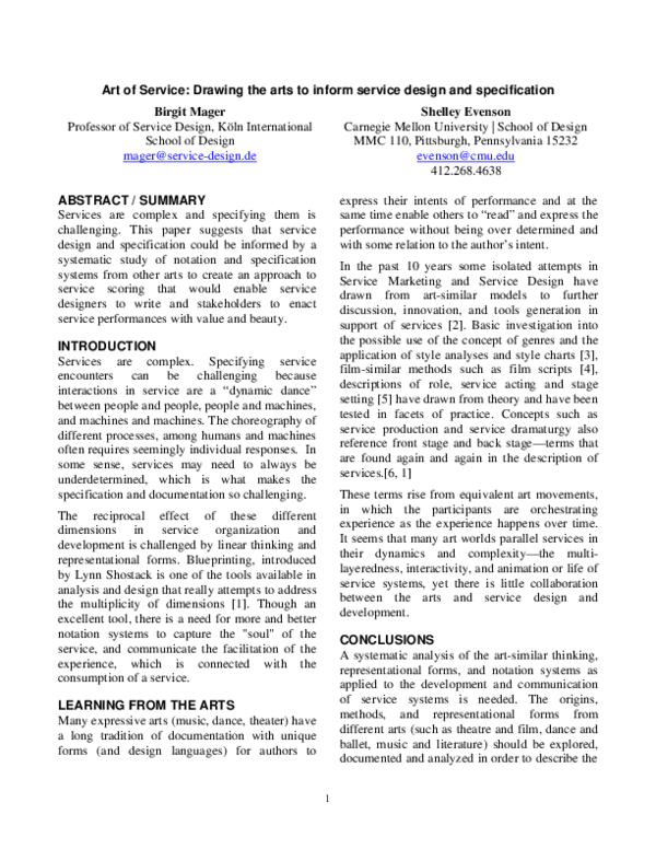 (PDF) Art of Service: Drawing the Arts to inform Service Design and ...