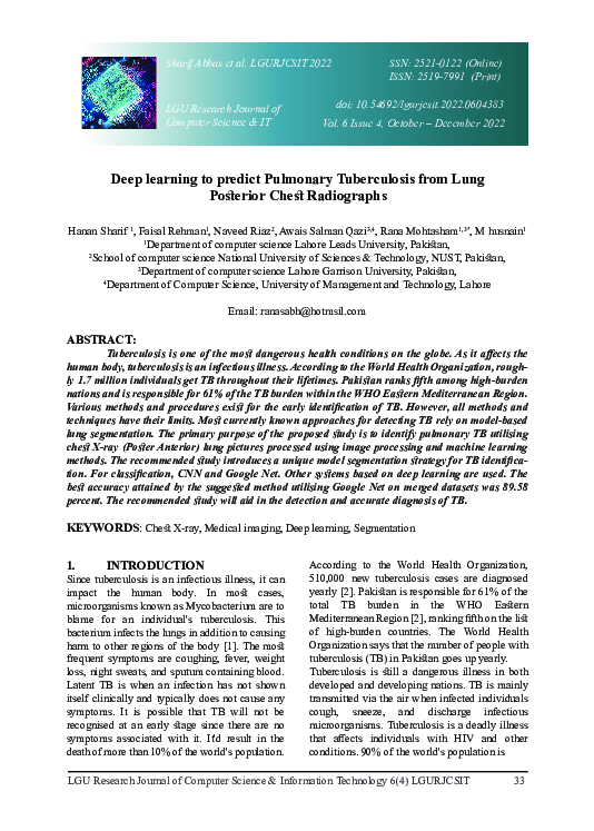 (PDF) Deep learning to predict Pulmonary Tuberculosis from Lung Posterior Chest Radiographs