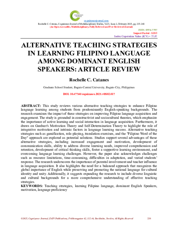 (PDF) ALTERNATIVE TEACHING STRATEGIES IN LEARNING FILIPINO LANGUAGE ...