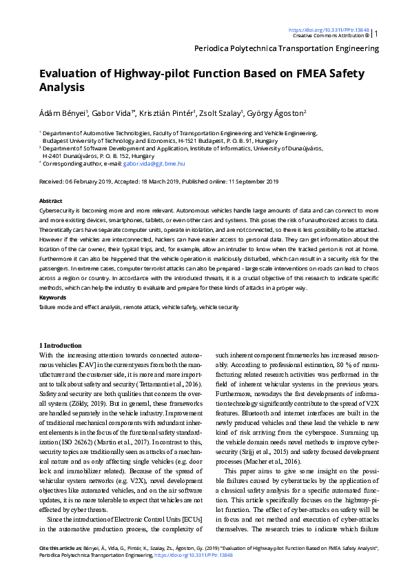 (PDF) Evaluation of Highway-pilot Function Based on FMEA Safety Analysis