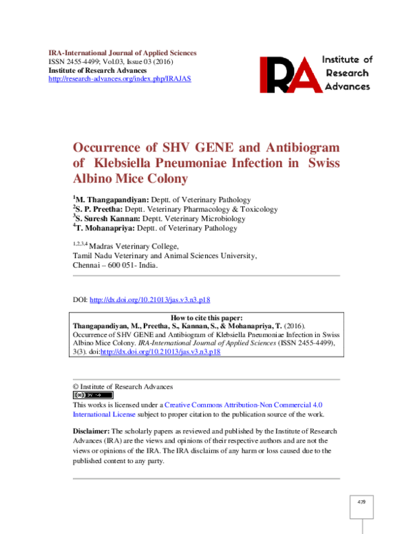 (PDF) Occurrence of SHV GENE and Antibiogram of Klebsiella Pneumoniae ...