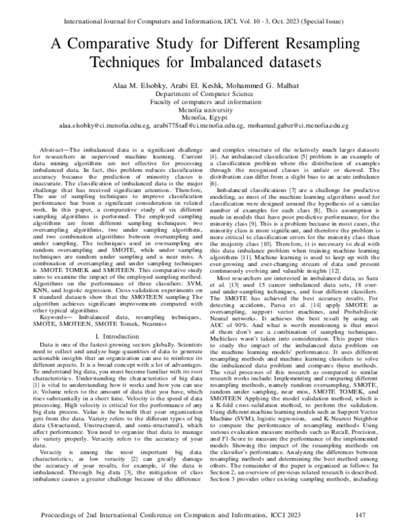 (PDF) A Comparative Study for Different Resampling Techniques for Imbalanced datasets