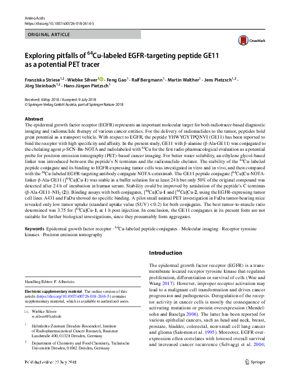 (PDF) Exploring pitfalls of 64Cu-labeled EGFR-targeting peptide GE11 as a potential PET tracer