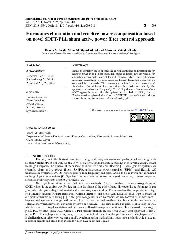 (PDF) Harmonics elimination and reactive power compensation based on novel SDFT-PLL shunt active ...