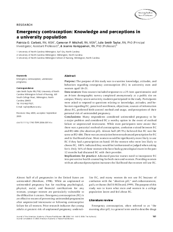 (PDF) Emergency contraception: Knowledge and perceptions in a university population