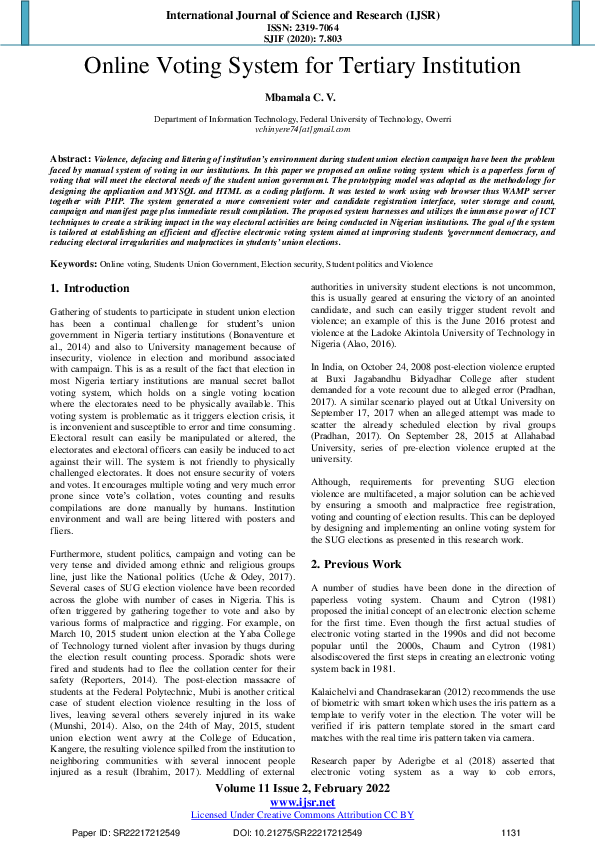 (PDF) Online Voting System for Tertiary Institution