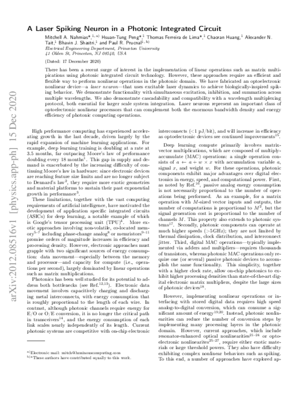(PDF) A Laser Spiking Neuron in a Photonic Integrated Circuit