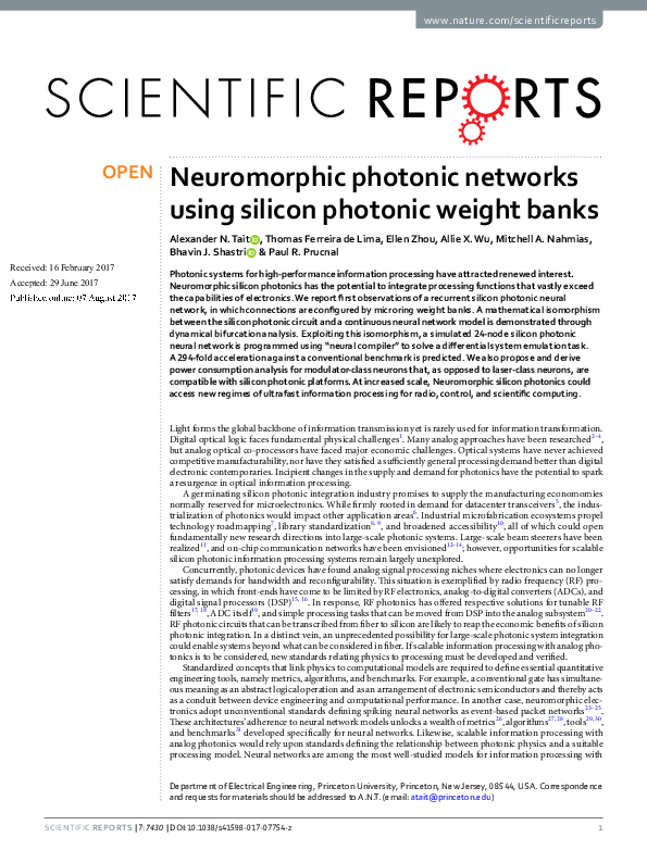(PDF) Neuromorphic photonic networks using silicon photonic weight banks