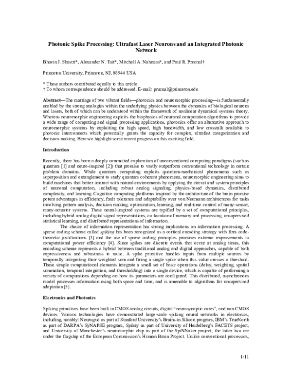 (PDF) Photonic spike processing: ultrafast laser neurons and an integrated photonic network